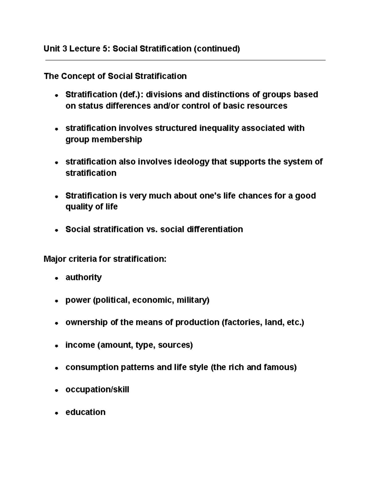 Unit 3 Lecture 5 Social Stratification (continued) - Unit 3 Lecture 5 ...