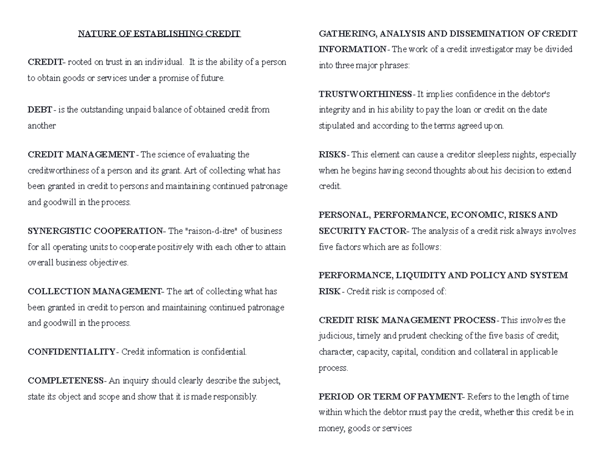 CRED&COLL Reviewer Midterms - NATURE OF ESTABLISHING CREDIT CREDIT ...