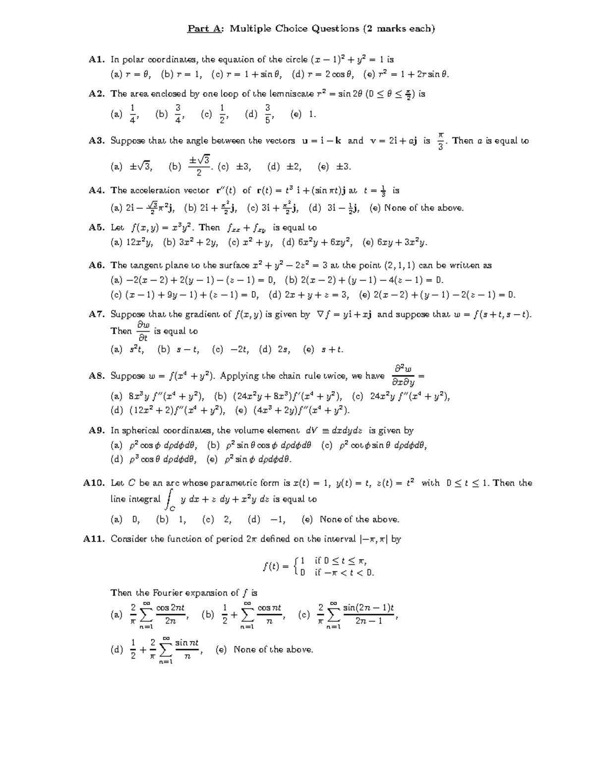 Exam-MATH2004-2008 December - Part A: Multiple Choice Questions (2 ...