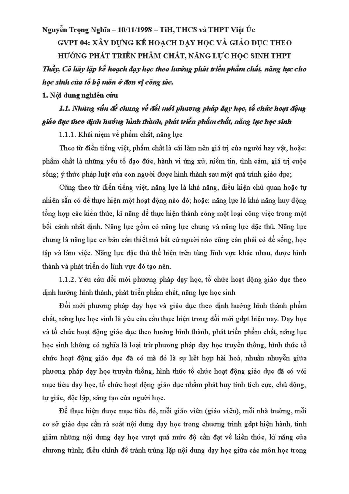 BÀI THU HOẠCH GVPT 04 - Nguyễn Trọng Nghĩa – 10/11/1998 – TiH, THCS và ...