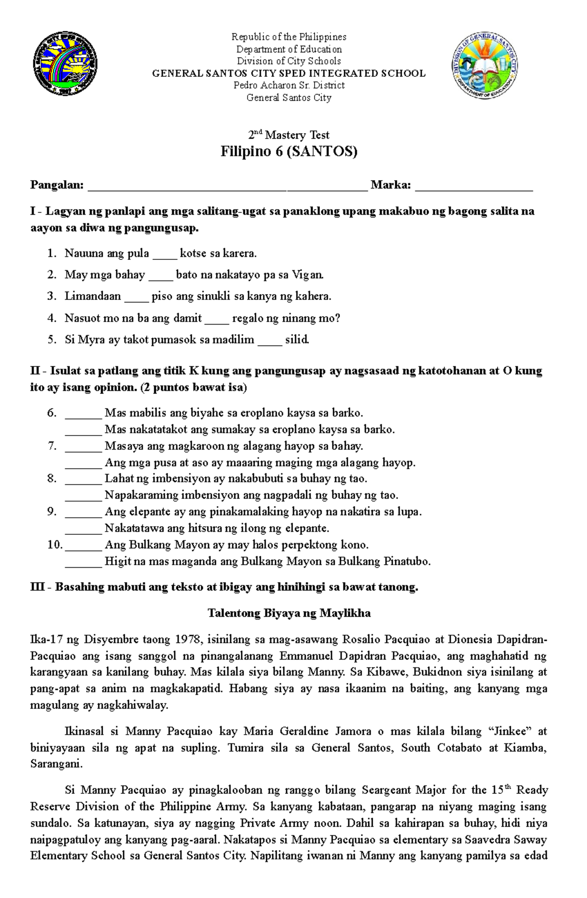 Mastery-test-1 - TAKE A TEST - Republic of the Philippines Department ...