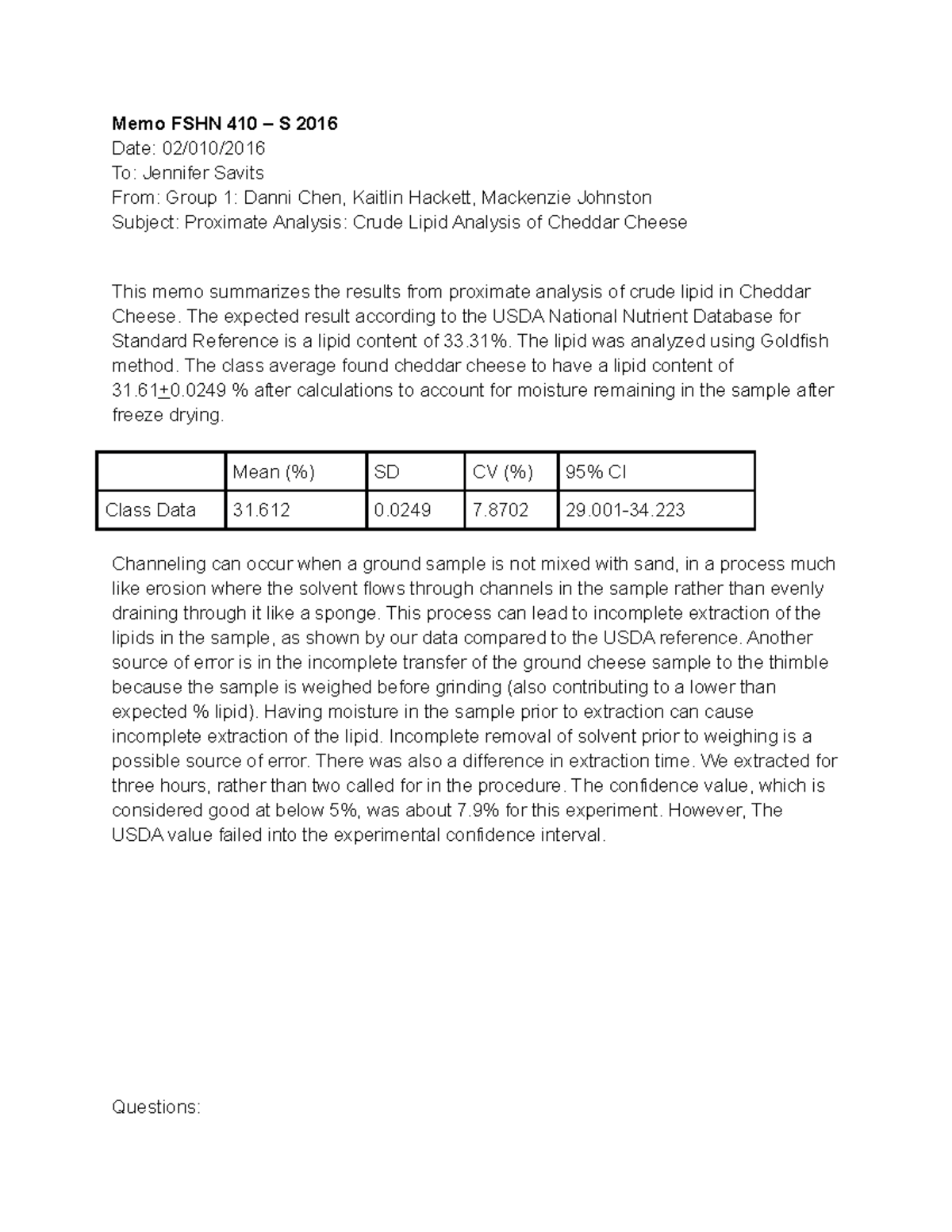 Lab 5, Memo - Memo FSHN 410 S 2016 Date: To: Jennifer Savits From ...