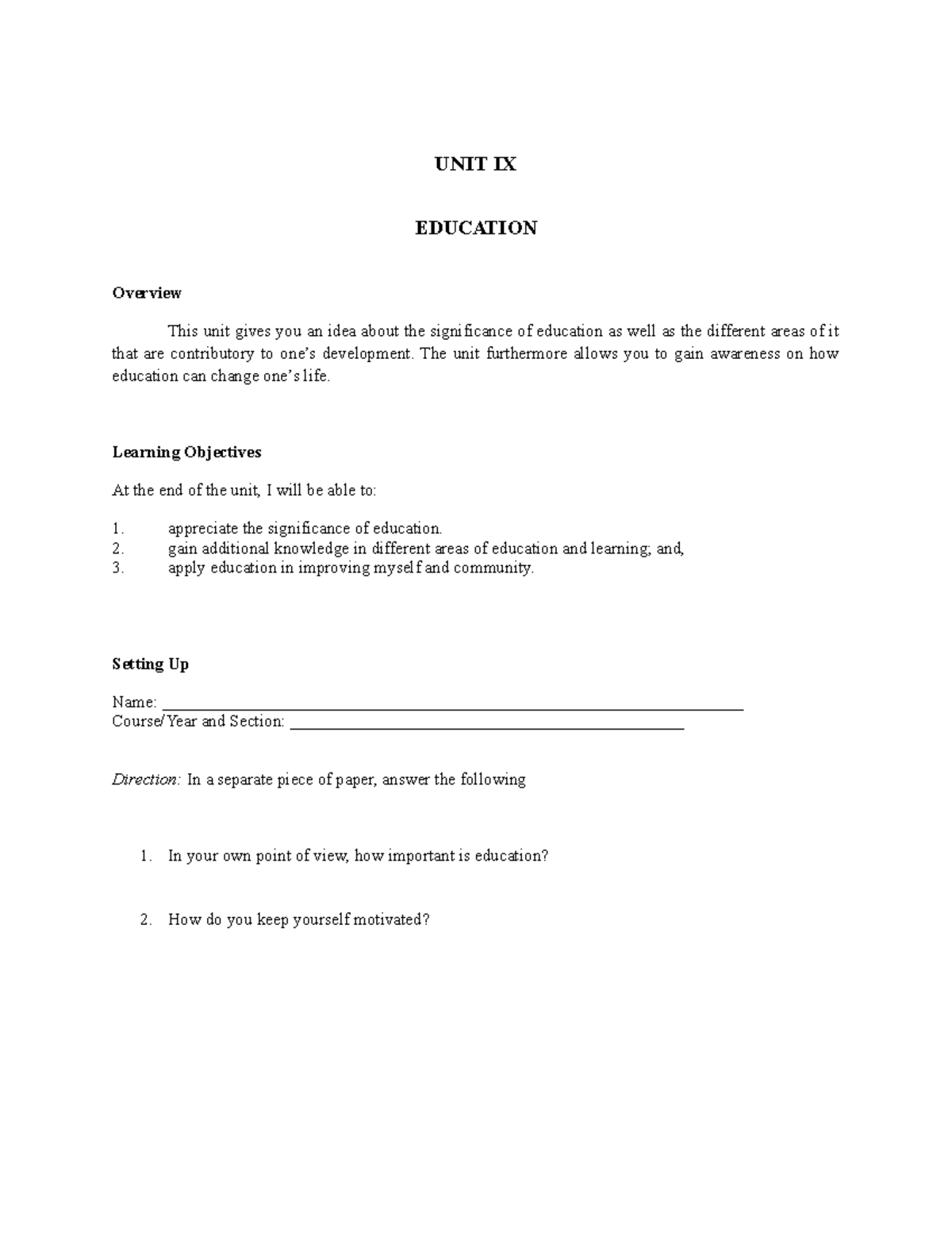 NSTP Module UNIT 9- Education - UNIT IX EDUCATION Overview This unit ...