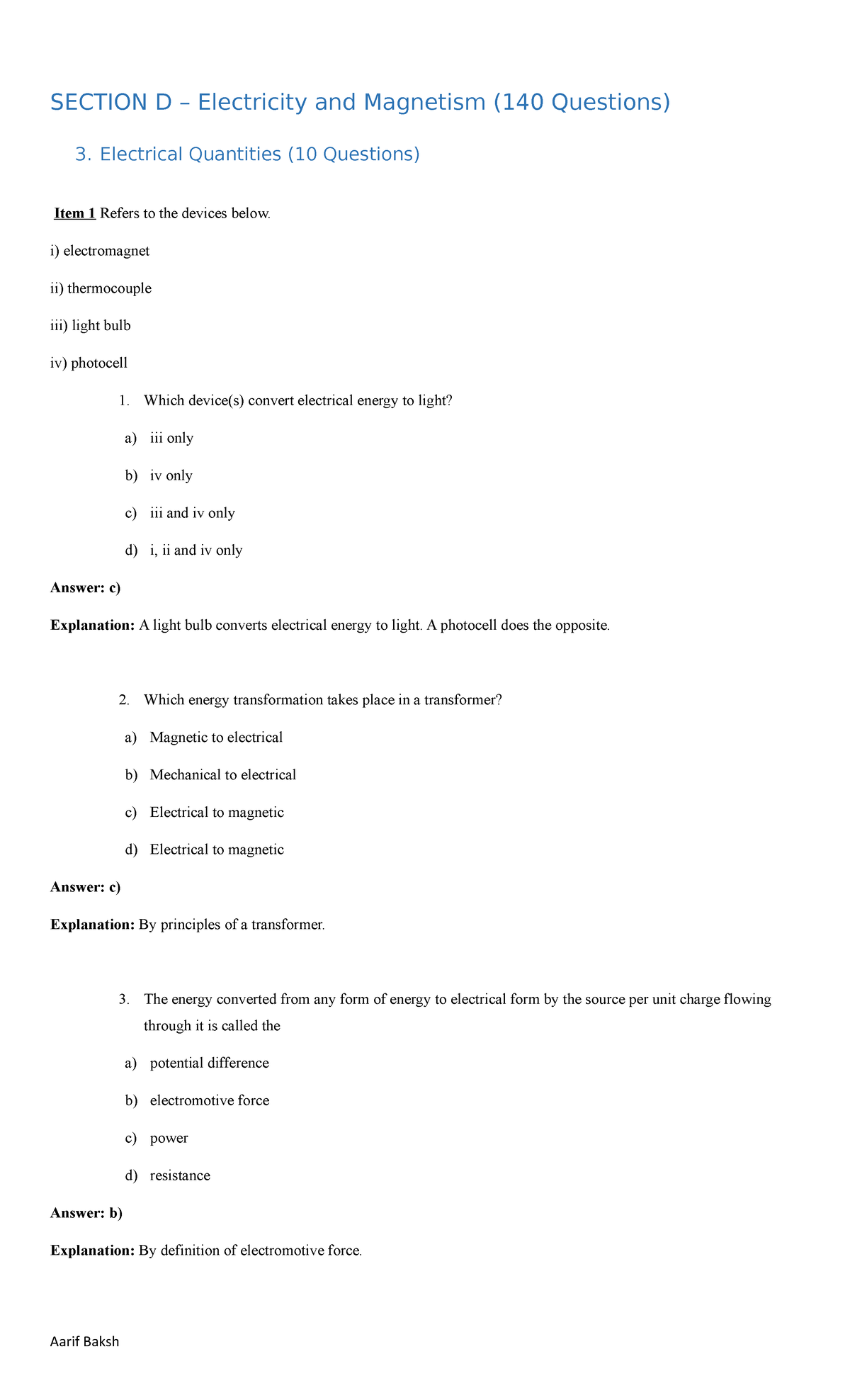 Physics D3 - Practice questions and answers on Electricity and ...
