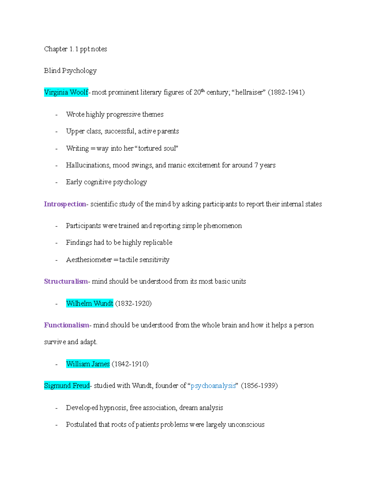 Chapter 1.1 notes - Chapter 1 ppt notes Blind Psychology Virginia Woolf ...