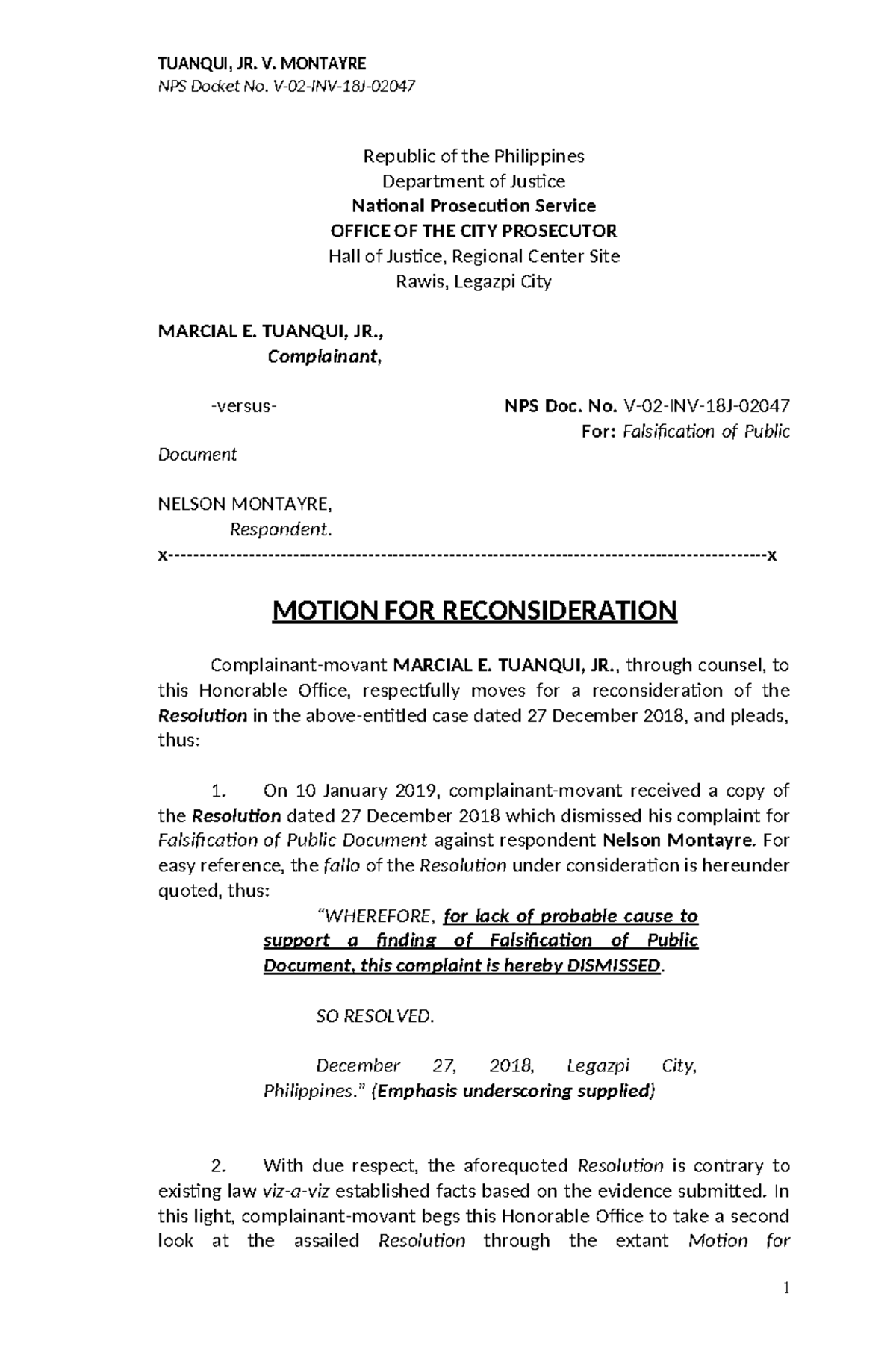 Motion for Reconsideration Sample - NPS Docket No. V-02-INV-18J- Republic of the Philippines ...