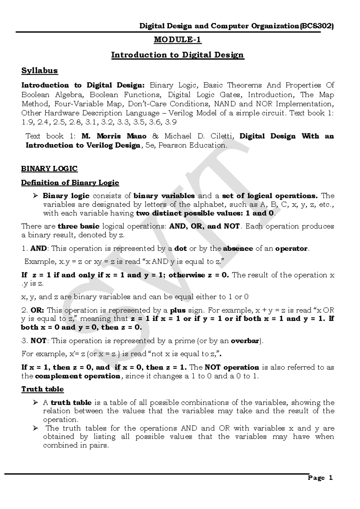 M1 - dfdfhethdfh - Page 1 MODULE- 1 Introduction to Digital Design Syllabus Introduction to ...