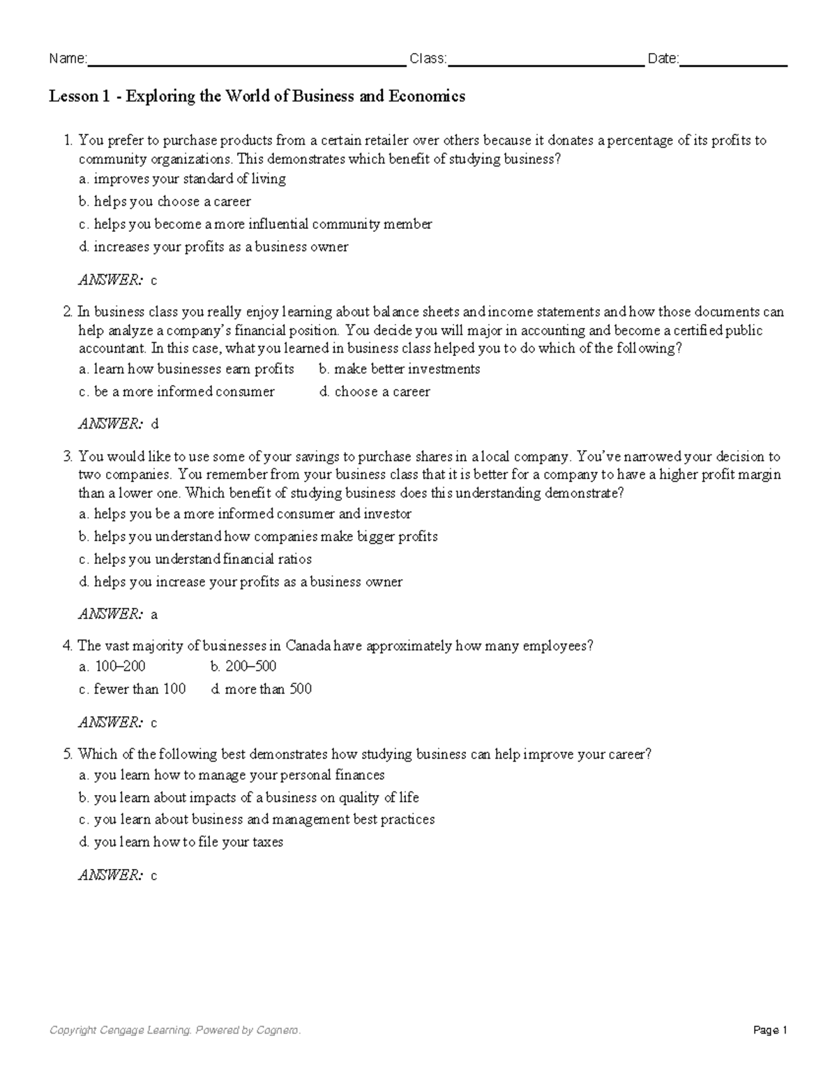 Lesson 1 Exploring the World of Business and Economics - You prefer to ...