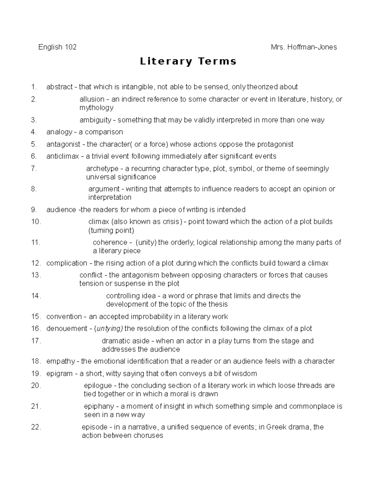 Glossary of Literary Terms - English 102 Mrs. Hoffman-Jones Literary ...