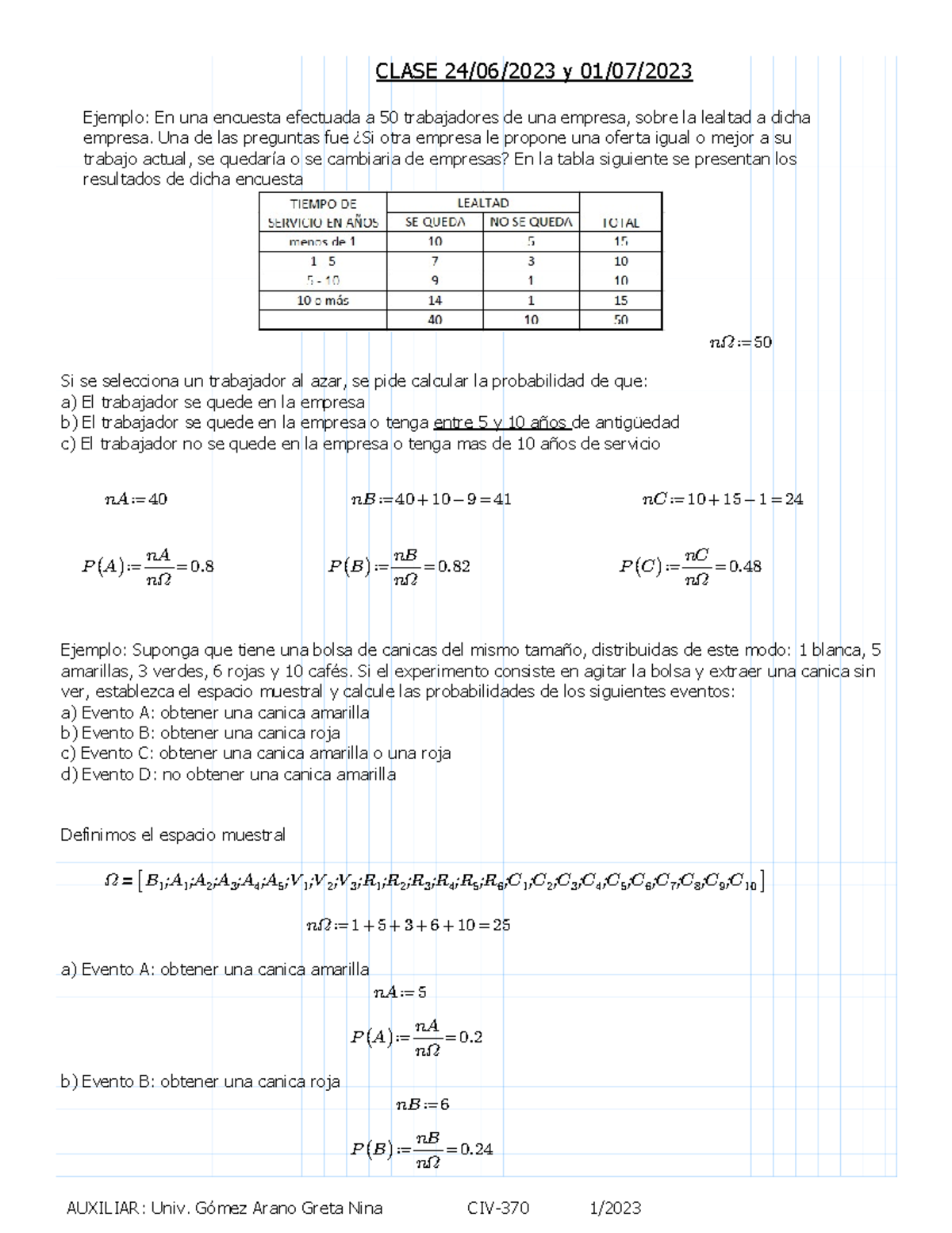 Clase 06.24 07 - CLASE 24/06/2023 y 01/07/ Ejemplo: En una encuesta efectuada a 50 trabajadores ...