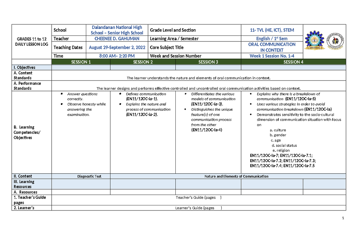 WK 1 - Detailed Lesson Plan - GRADES 11 to 12 DAILY LESSON LOG School ...
