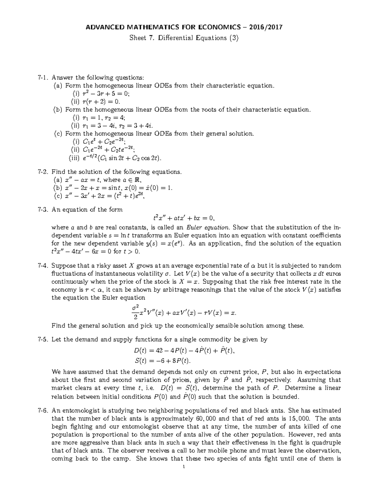Sheet 7 - Ejercicios último tema - ADVANCED MATHEMATICS FOR ECONOMICS – 2016/ Sheet 7 ...