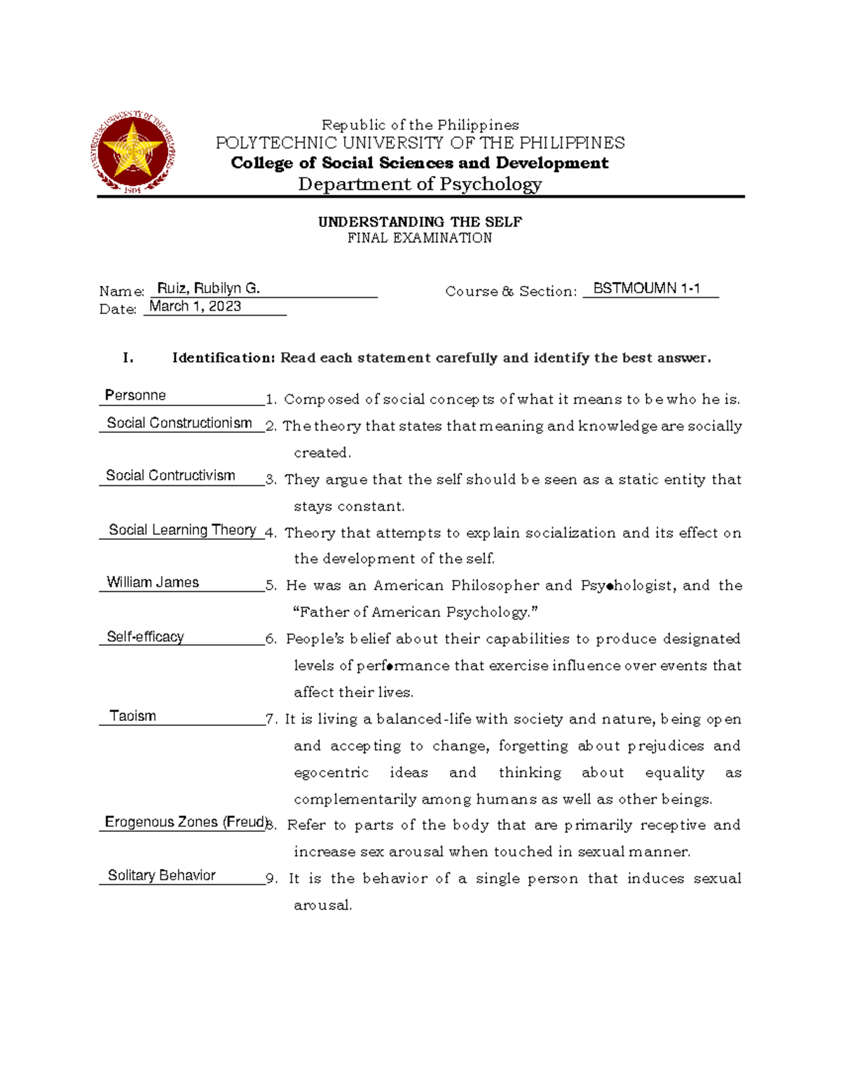 UTS Final EXAM - Read - Republic of the Philippines POLYTECHNIC ...