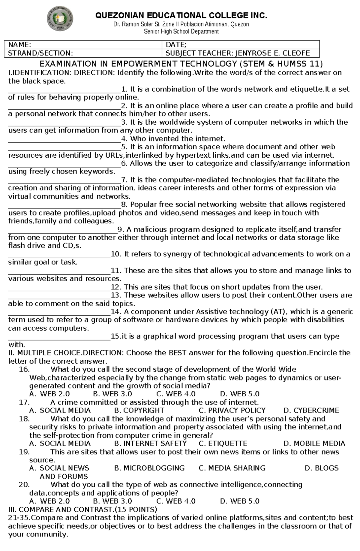 Empotech-2024 - LECTURE NOTES - QUEZONIAN EDUCATIONAL COLLEGE INC. Dr ...