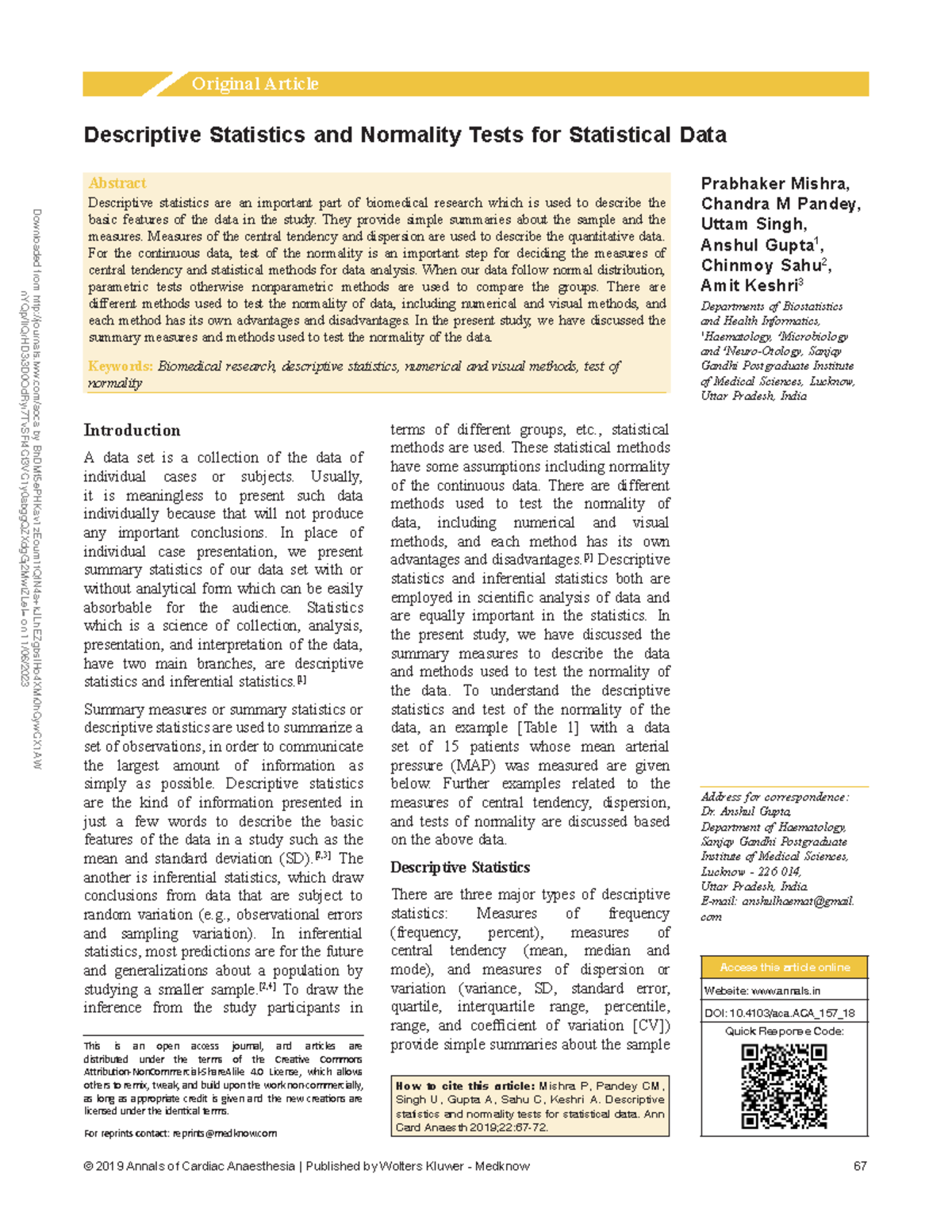 Descriptive statistics and normality tests for - © 2019 Annals of ...
