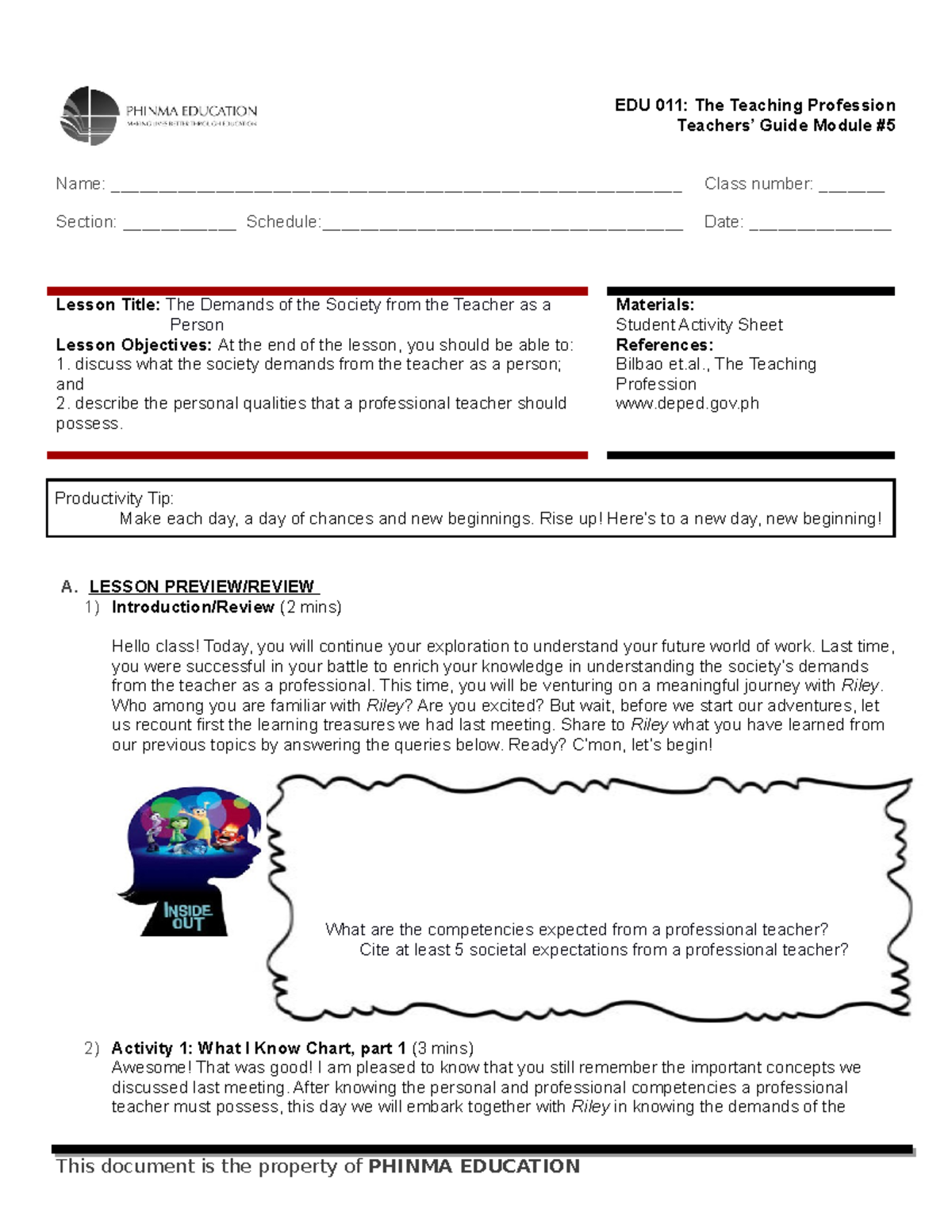 TG#5-EDU 011 - Teaching profession - Teachers’ Guide Module # Name ...