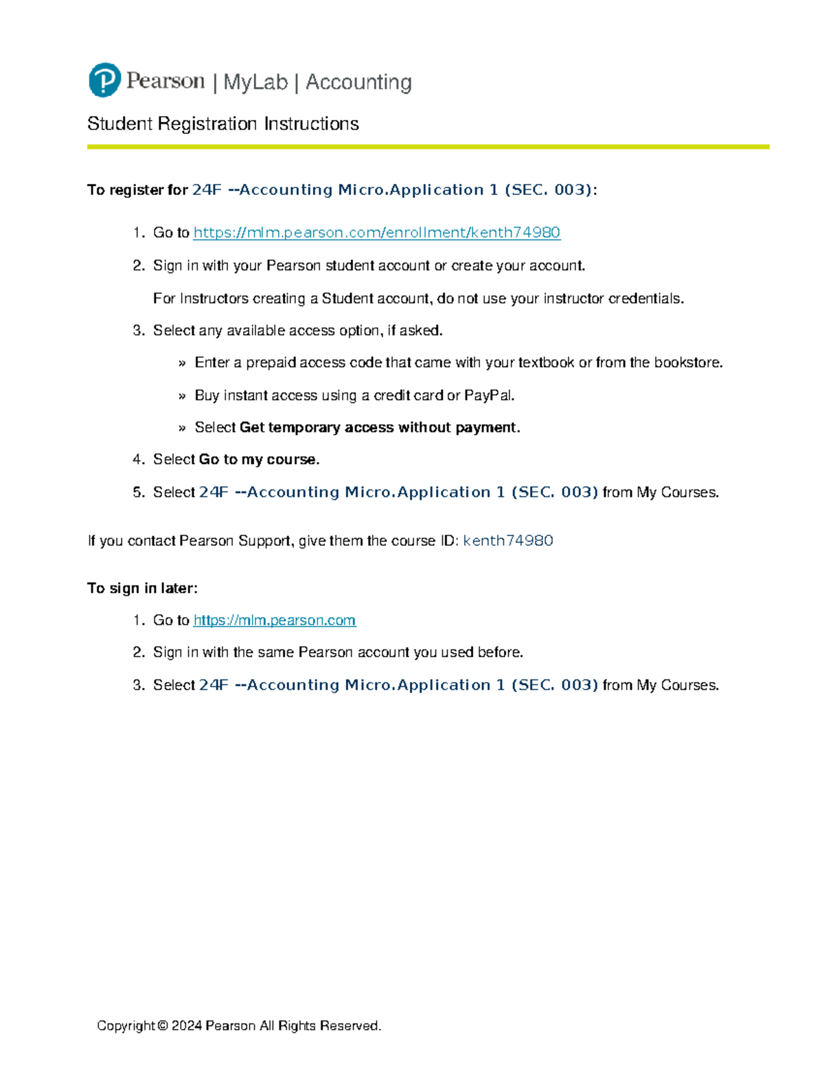 Student Registration Handout - | MyLab | Accounting Student ...