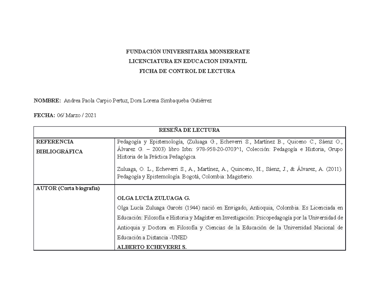 Ficha DE Lectura-G4 - FUNDACIÓN UNIVERSITARIA MONSERRATE LICENCIATURA EN EDUCACION INFANTIL ...