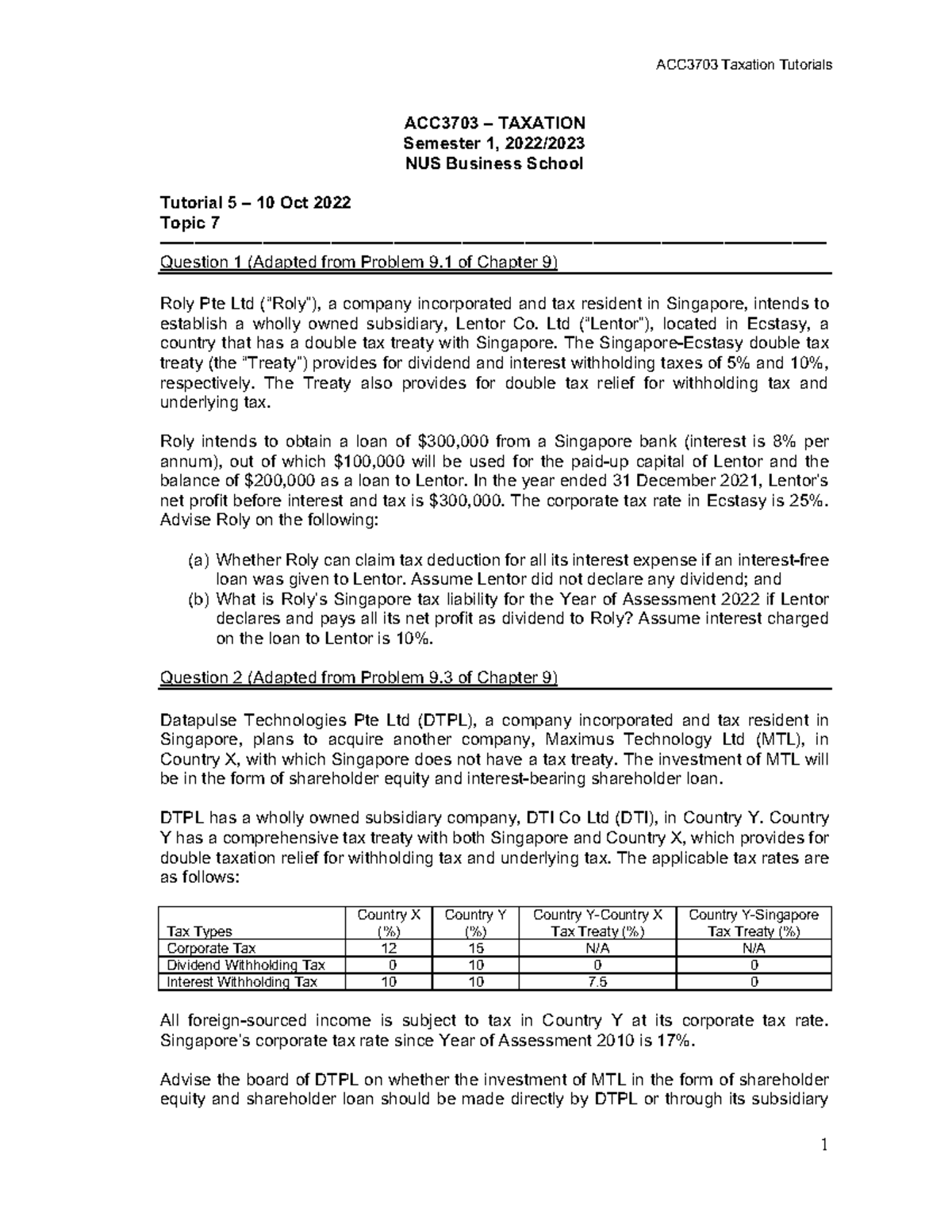 ACC 3703 Tut 5 - Tutorial - ACC3703 Taxation Tutorials 1 ACC3703 – TAXATION Semester 1, 2022 ...