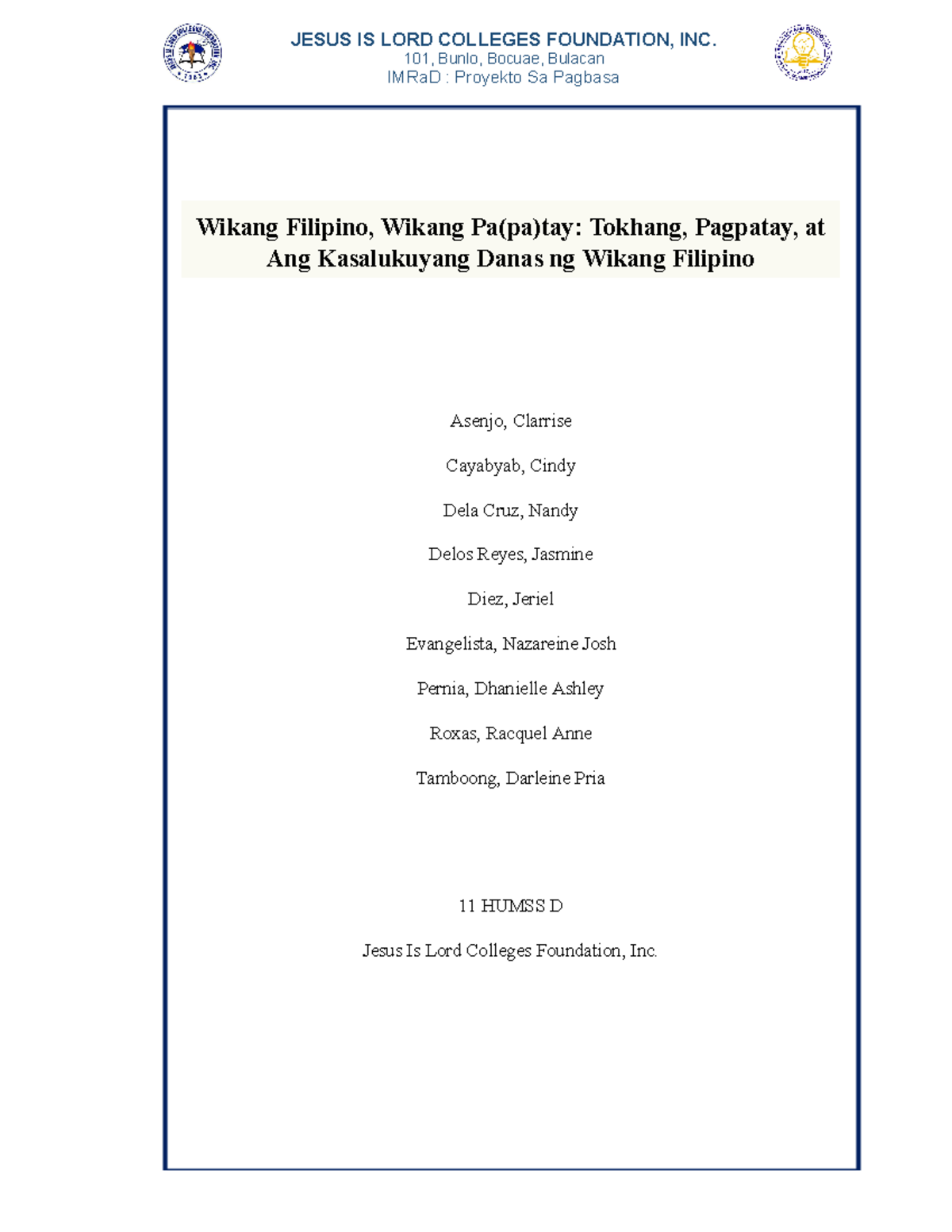 Pagbasa - Stas essay - 101, Bunlo, Bocuae, Bulacan IMRaD : Proyekto Sa ...
