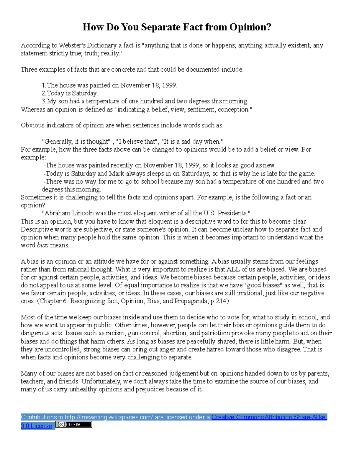 Fact, Opinion, and Bias Handout - How Do You Separate Fact from Opinion ...