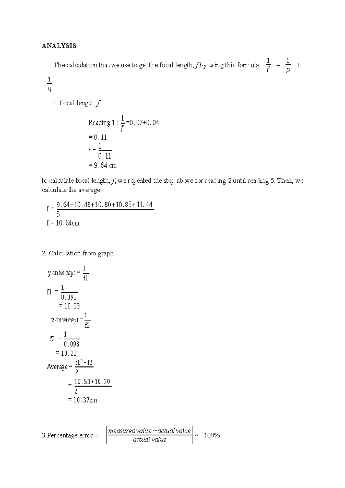 Analysis Lens experiment - ANALYSIS The calculation that we use to get ...