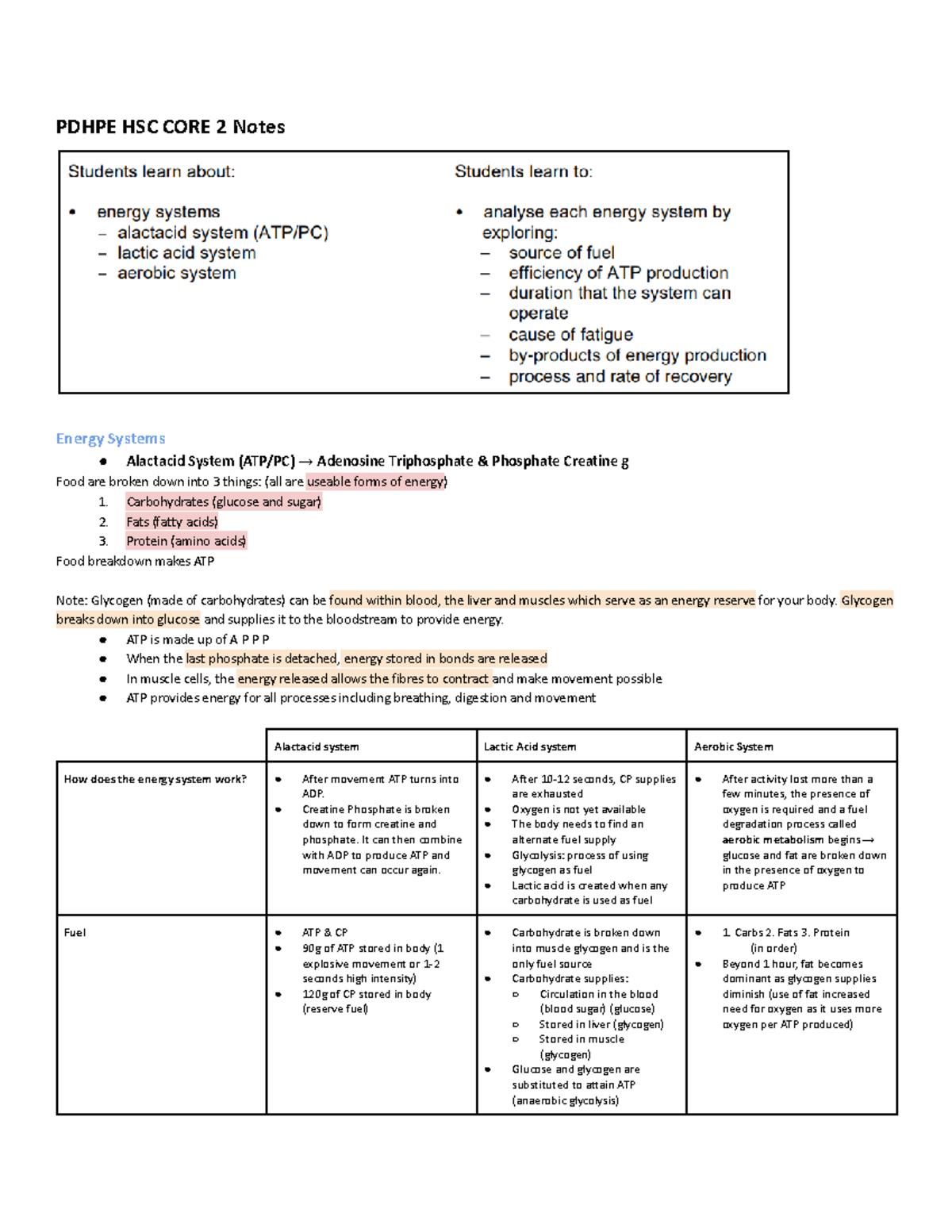 Pdhpe HSC Notes Core 2 - PDHPE HSC CORE 2 Notes Energy Systems ...