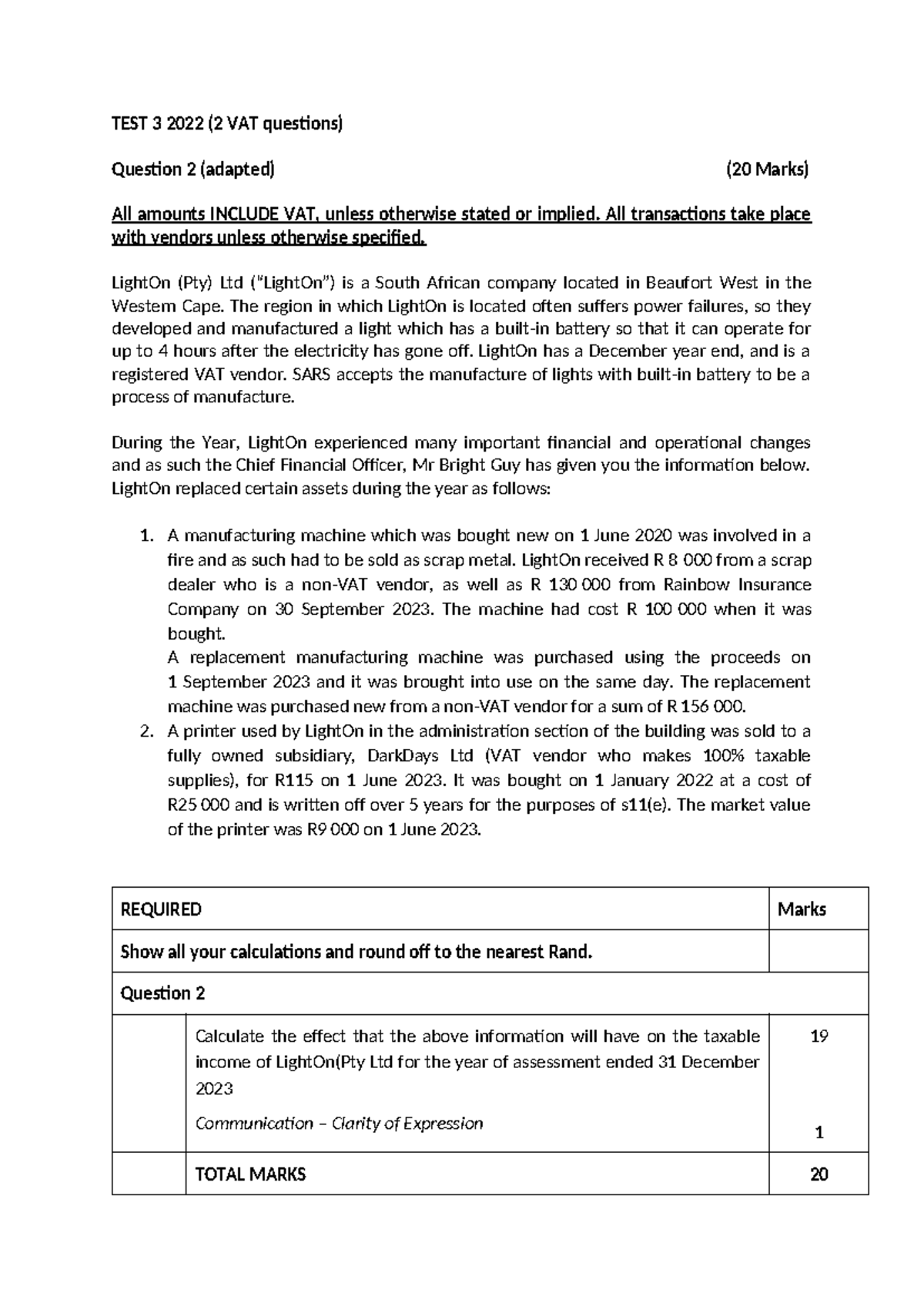 VAT practice questions 1 - TEST 3 2022 (2 VAT questions) Question 2 ...