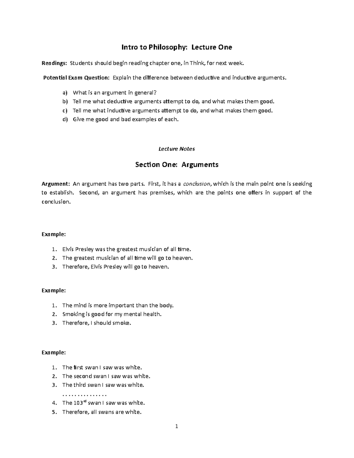 Intro Lecture One Intro To Philosophy Lecture One Readings Students