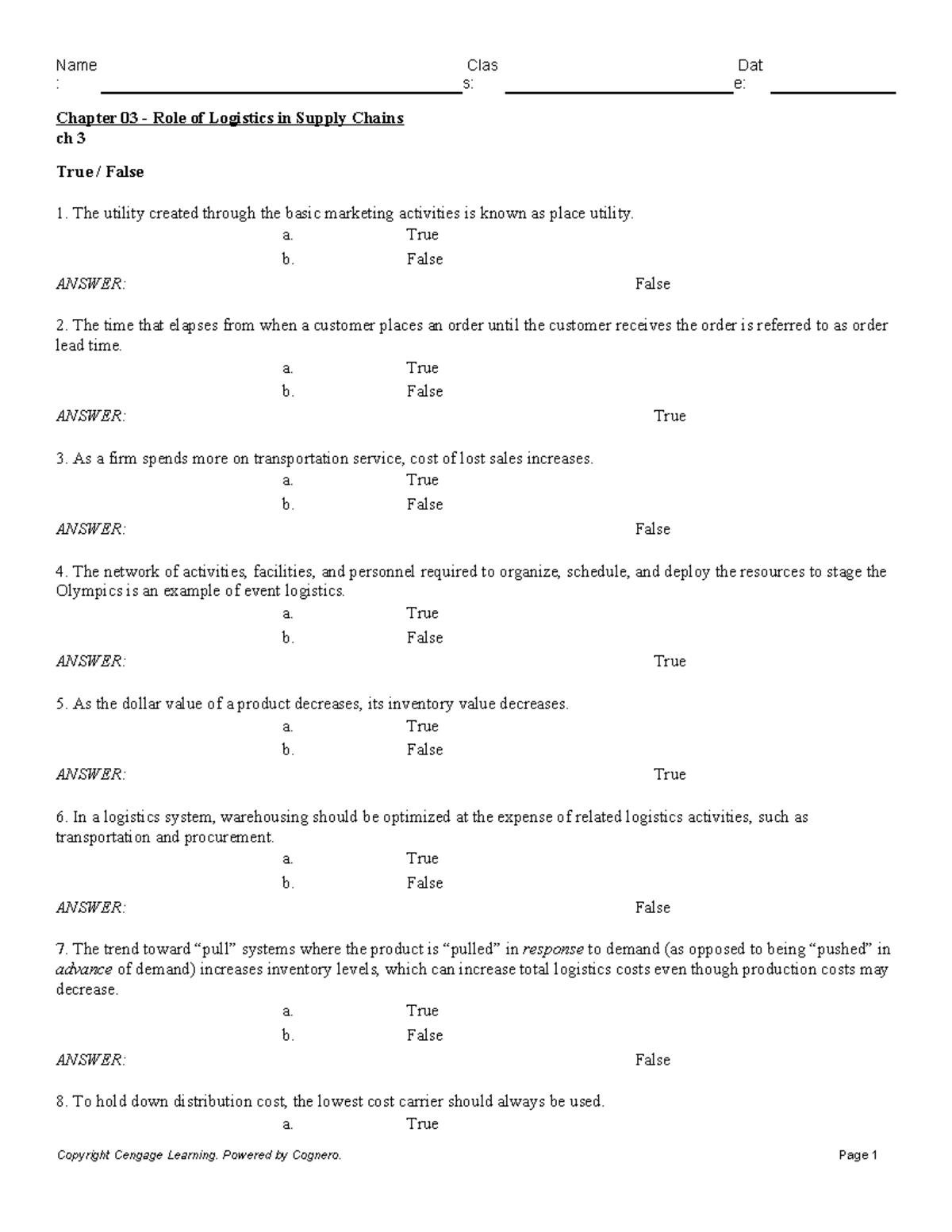 Chapter 03 Role of Logistics in Supply Chains - : s: e: Chapter 03 ...