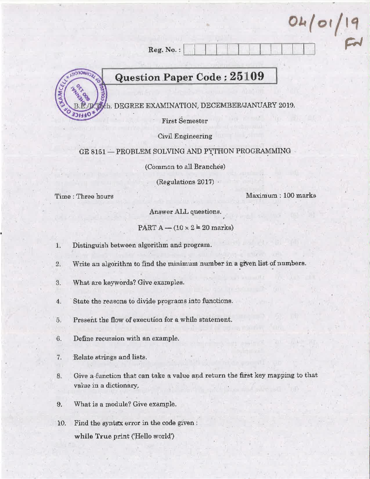 GE8151 - JAN 2019 - QUESTION PAPER - FN Reg. No. : Question Paper Code ...