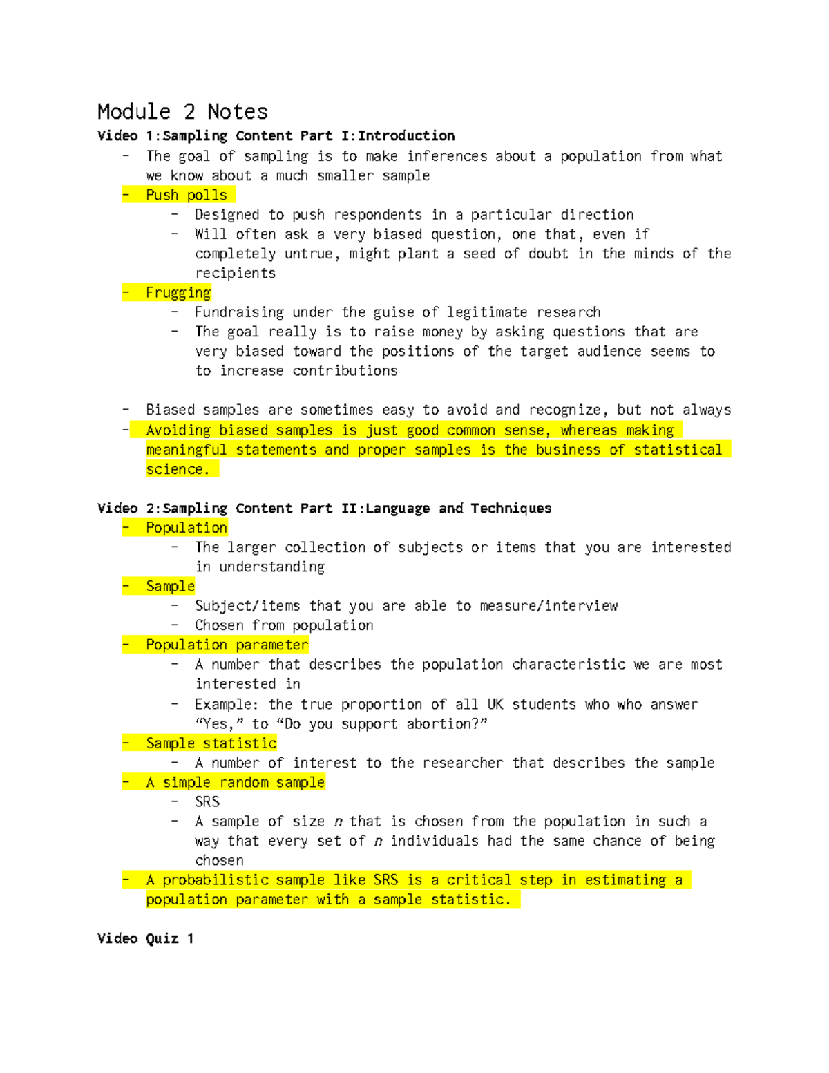 Statistics Module 2 Notes - Module 2 Notes Video 1:Sampling Content ...