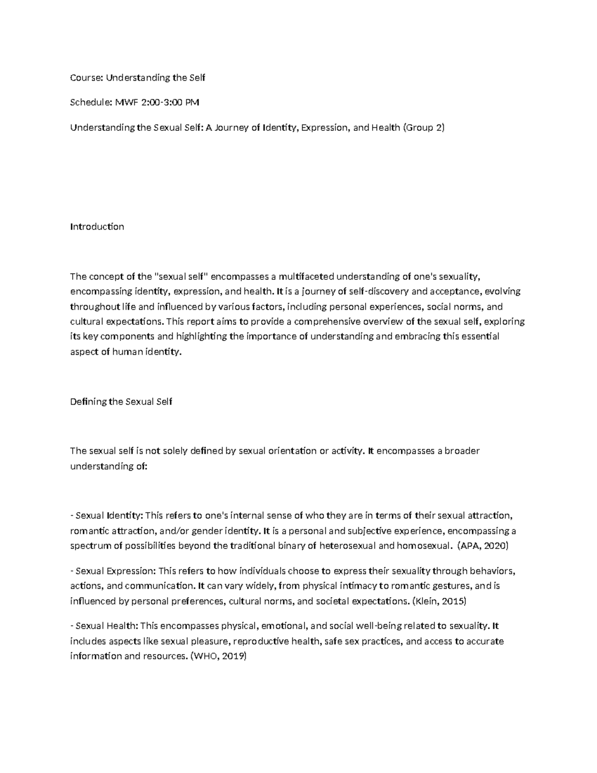 Sexual Self-WPS Office - Course: Understanding the Self Schedule: MWF 2 ...