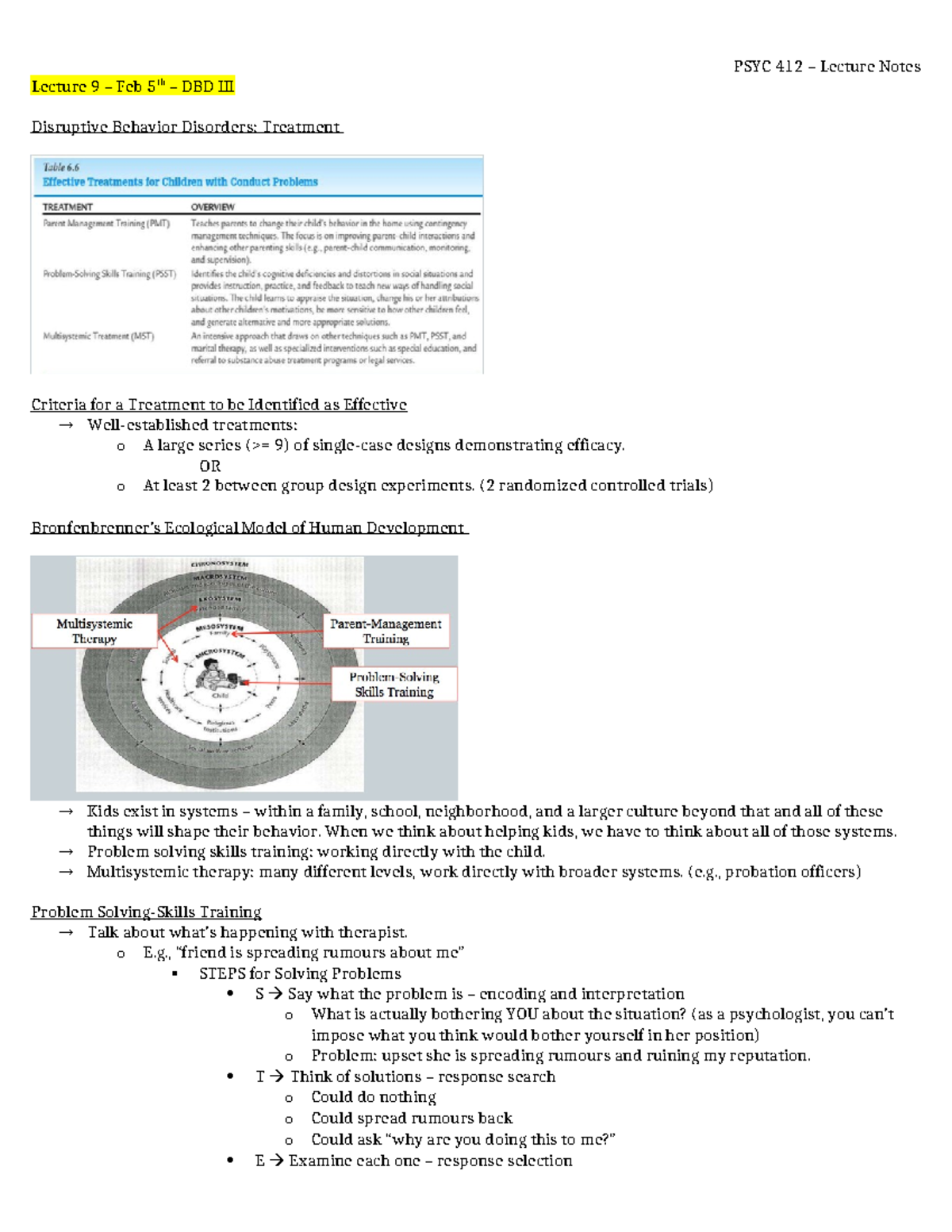 Lecture 9:10 PSYC 412 - Lecture 9 – Feb 5th – DBD III Disruptive Behavior Disorders: Treatment ...