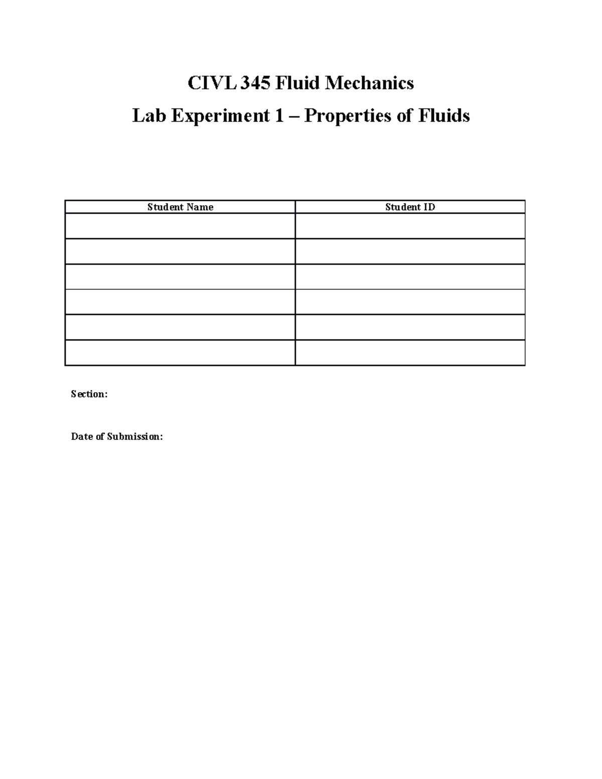 1662844701213 - Assignment - CIVL 345 Fluid Mechanics Lab Experiment 1 ...