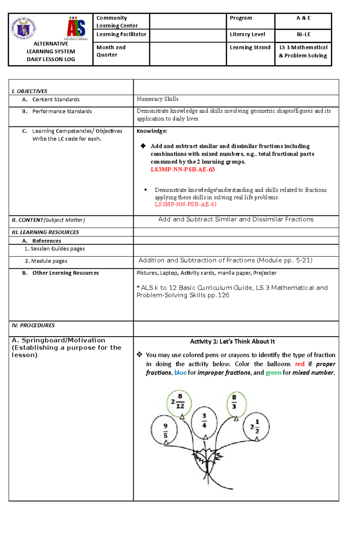 Week5-LS3-DLL-Add Subtract-Similar-Dissimilar-Fractions - ALTERNATIVE LEARNING SYSTEM DAILY ...