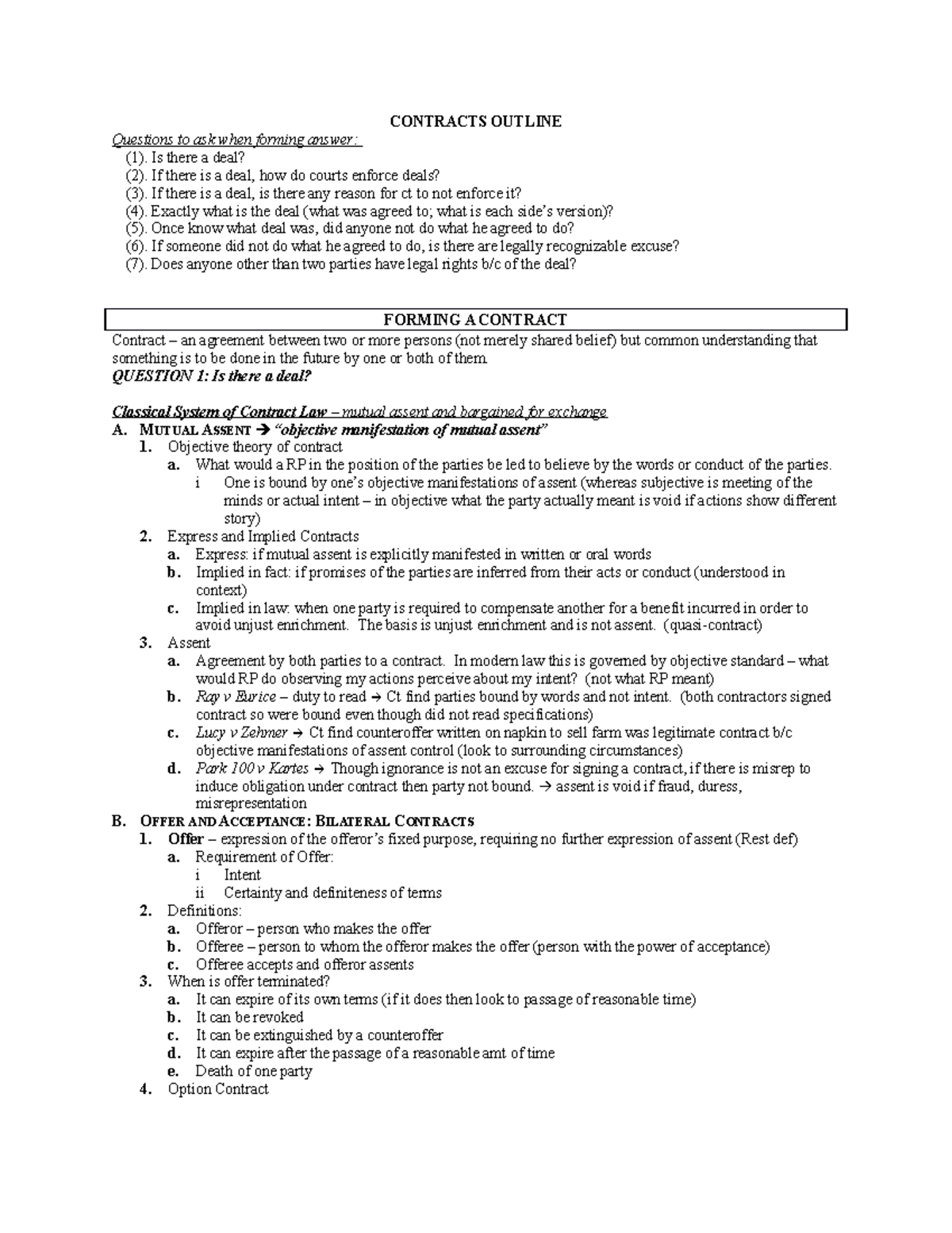 Contracts Law Outline - 2 - CONTRACTS OUTLINE Questions to ask when ...
