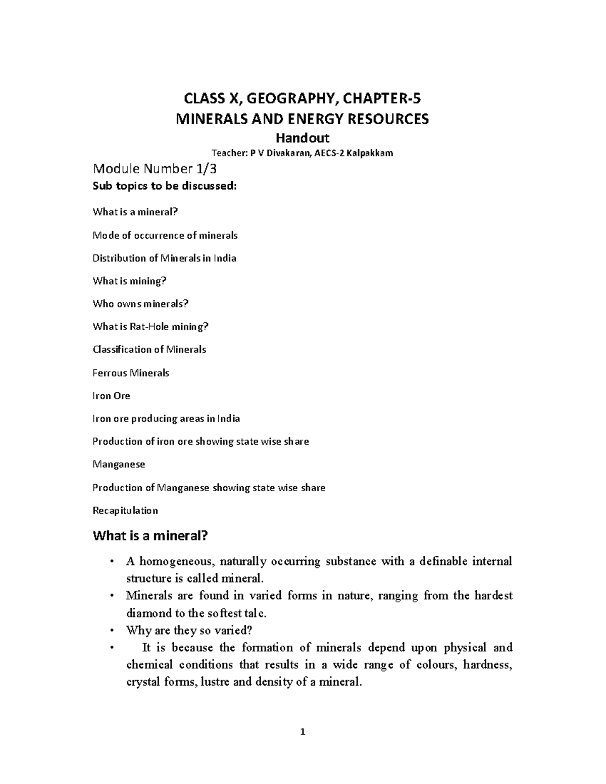 X-geo-Minerals and Energy Resources-mod1-handout - CLASS X, GEOGRAPHY ...