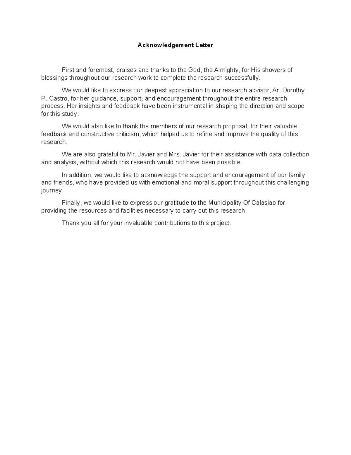 Acknowledgement Letter - Acknowledgement Letter First and foremost ...