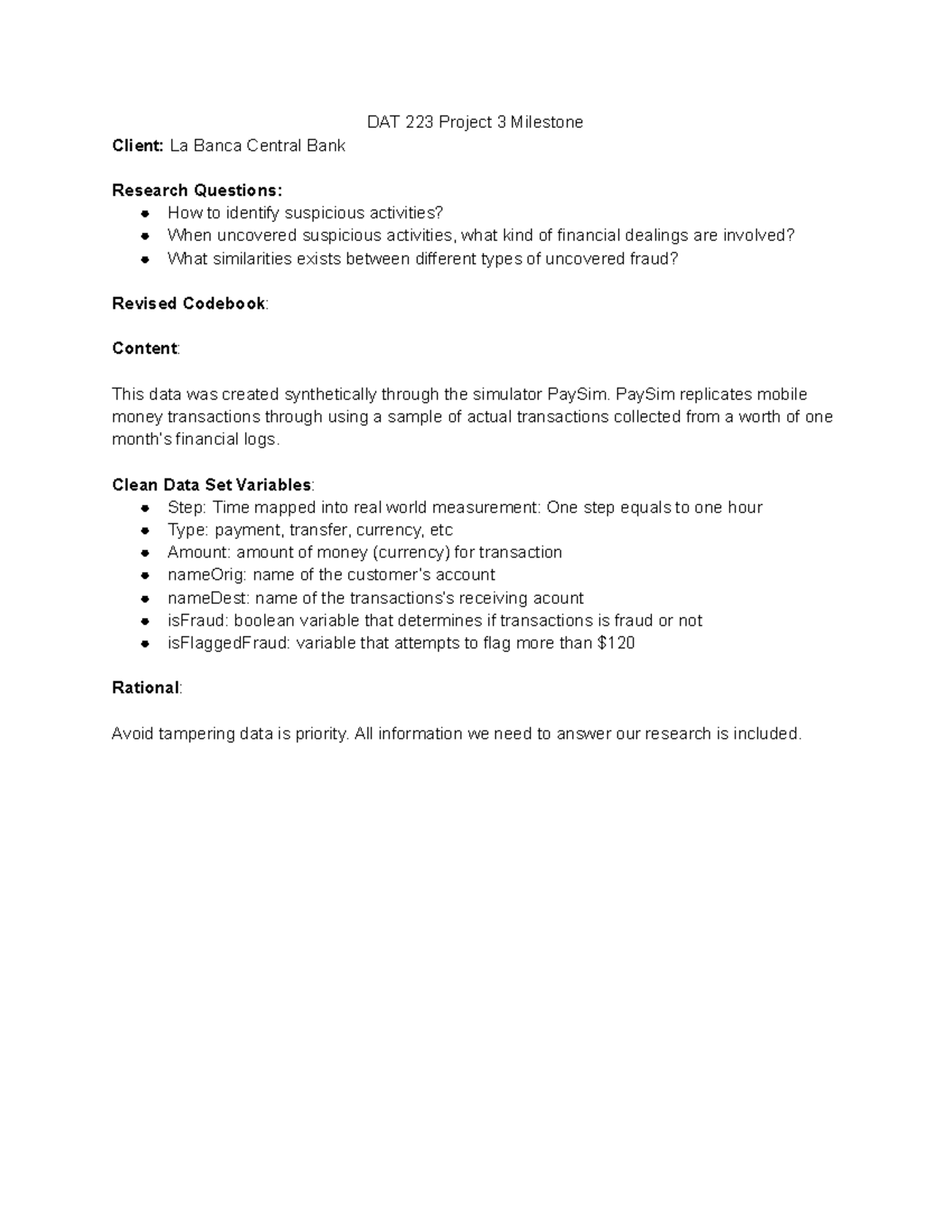 DAT 223 Project 3 Milestone - DAT 223 Project 3 Milestone Client: La ...