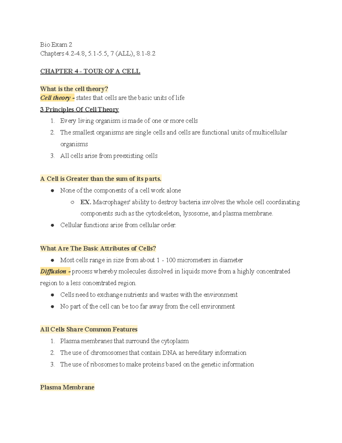 Bio Exam 2 Study Guide - Bio Exam 2 Chapters 4.2-4, 5.1-5, 7 (ALL), 8-8. CHAPTER 4 - TOUR OF A ...