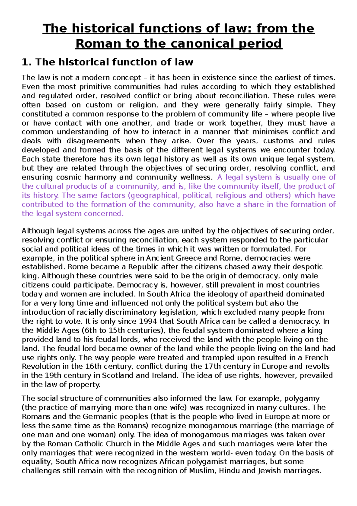 Foundations of law notes term 2 - The historical functions of law: from ...