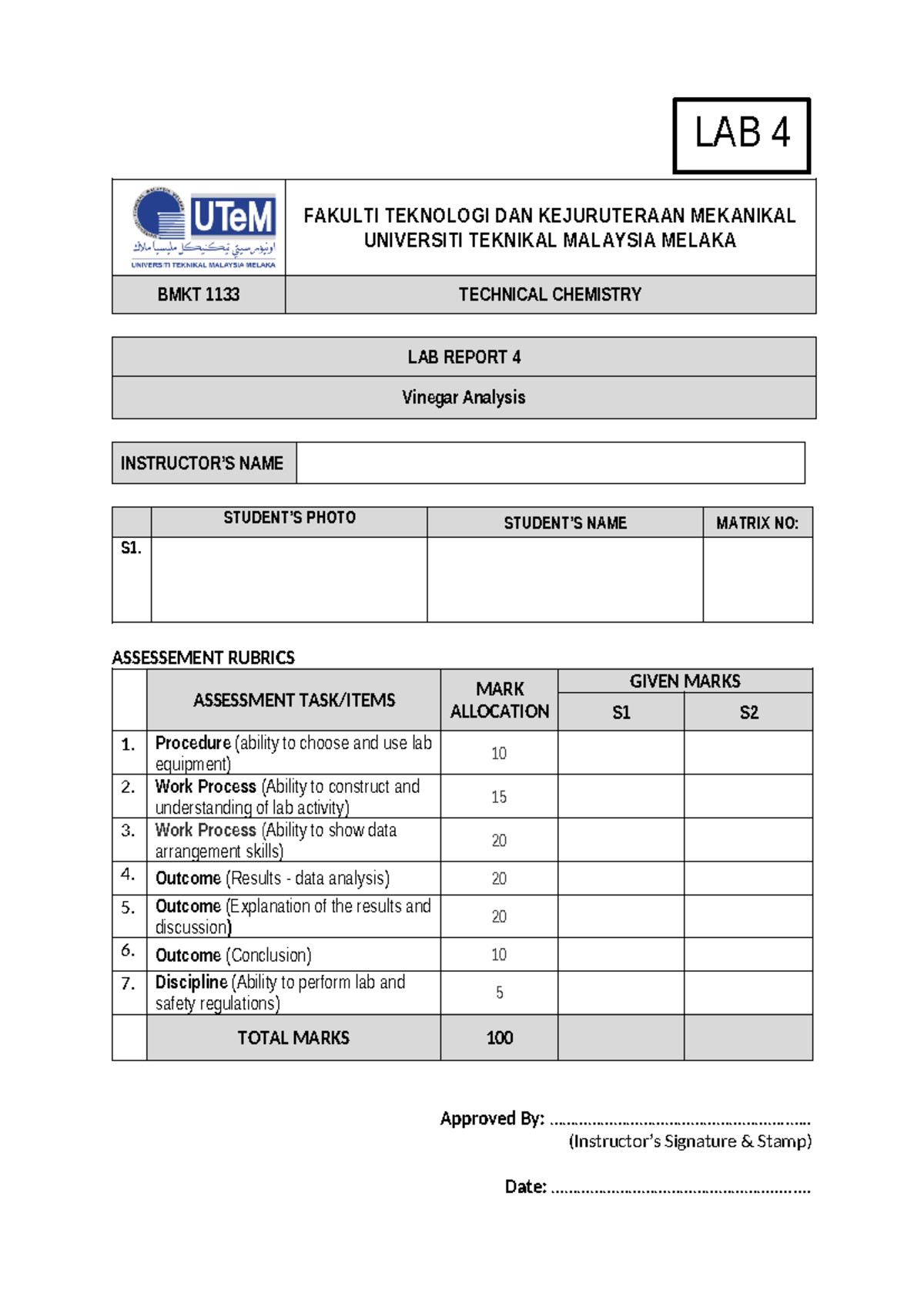 BMKT1133 Lab4 - FAKULTI TEKNOLOGI DAN KEJURUTERAAN MEKANIKAL UNIVERSITI TEKNIKAL MALAYSIA MELAKA ...