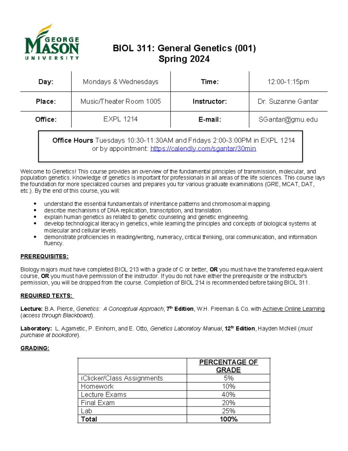 BIOL311Syllabus Spring 2024 Gantar MW(3) - BIOL 311: General Genetics ...