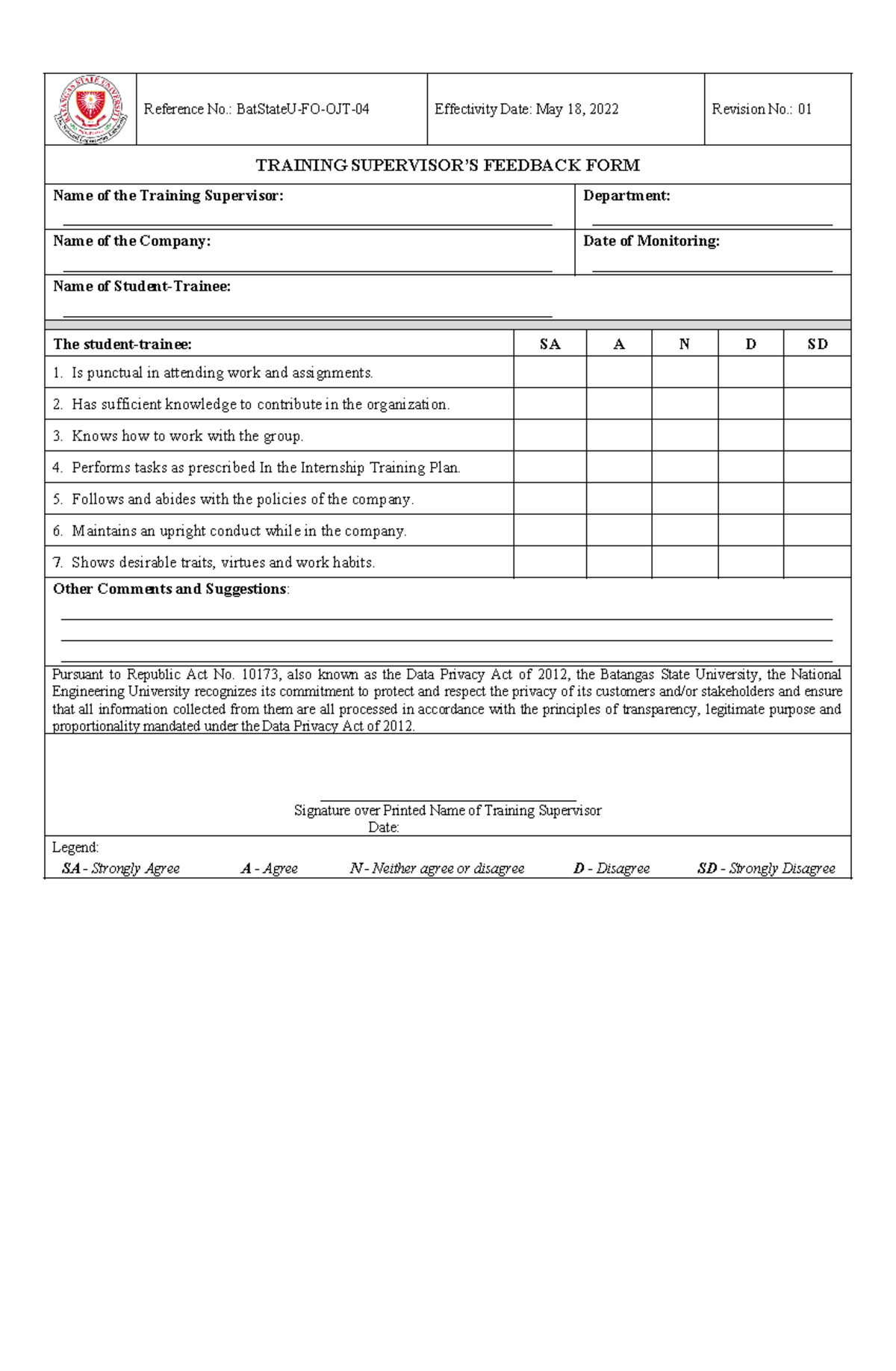 Bat State U-FO-OJT-04 Training Supervisor's Feedback Form Rev. 01 ...