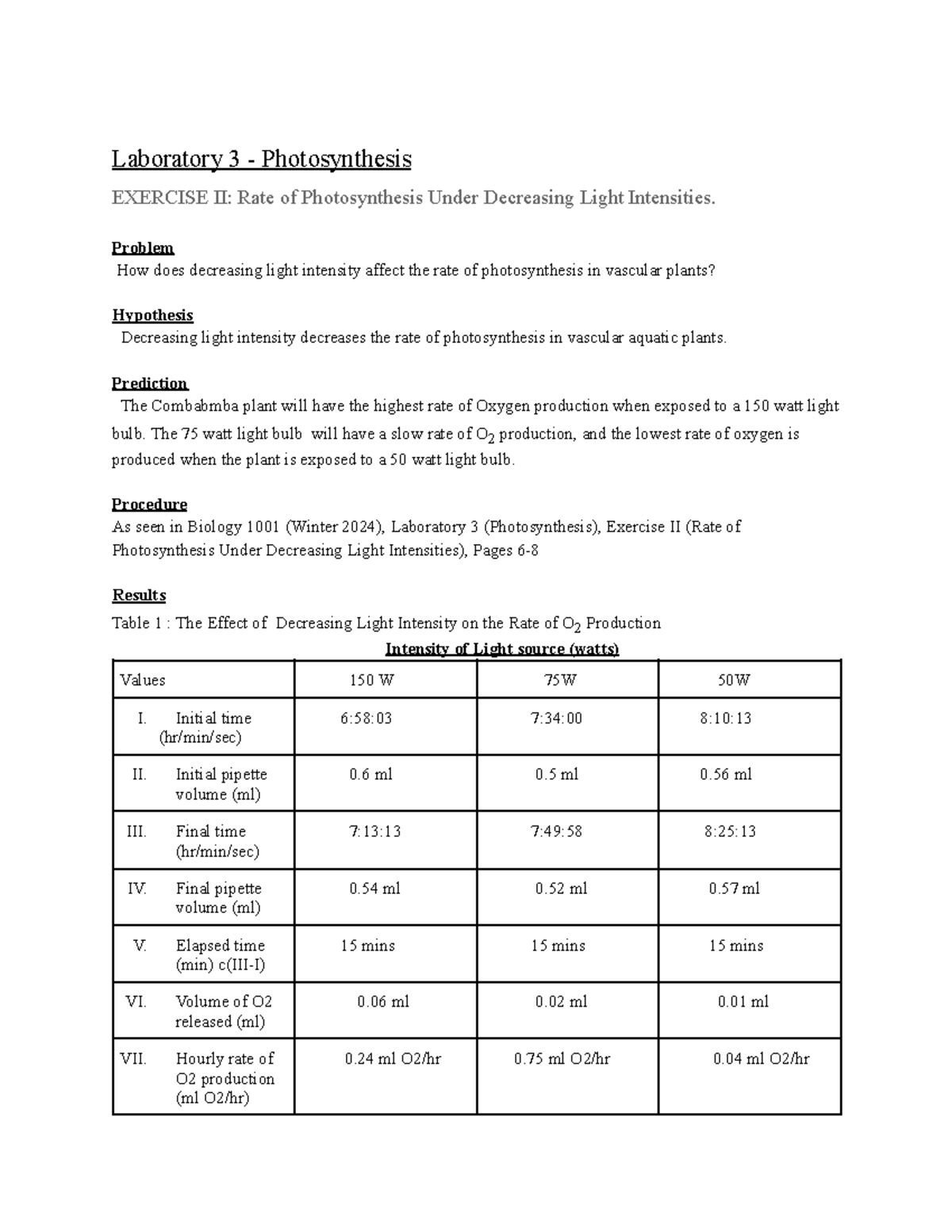 Laboratory 3 - Photosynthesis - Laboratory 3 - Photosynthesis EXERCISE ...