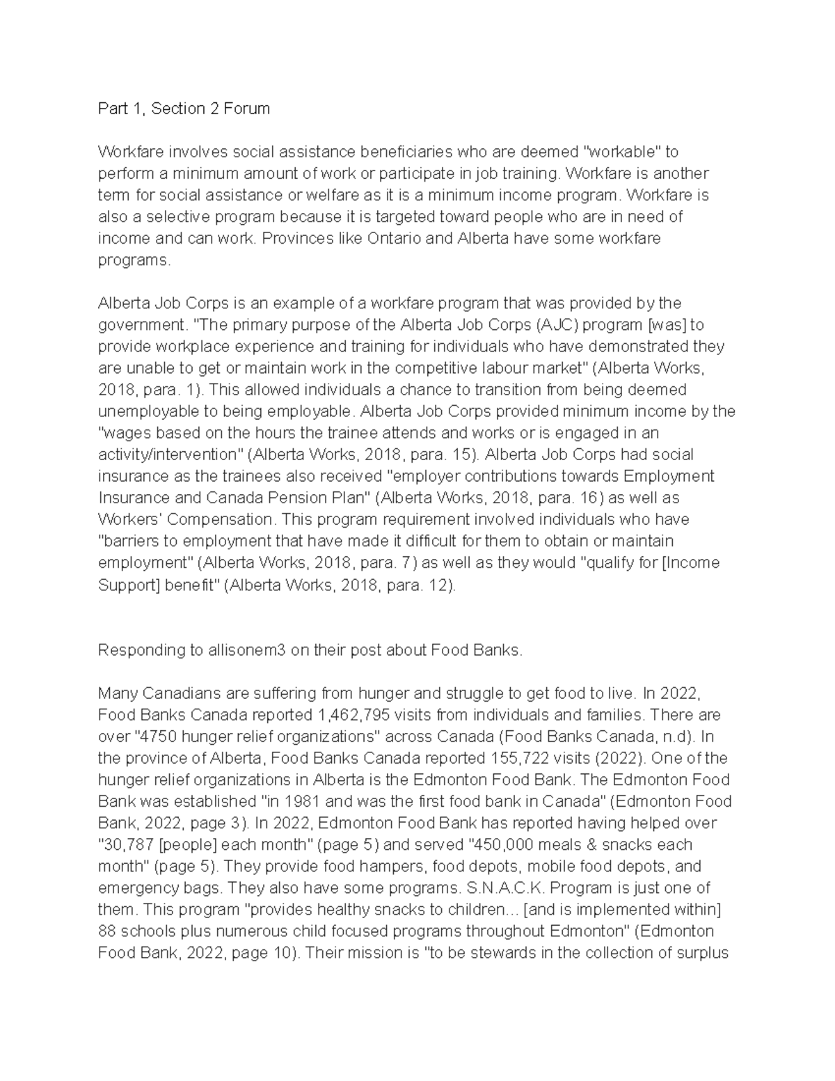 Part 1 Section 2 Forum Part 1 Section 2 Forum Workfare Involves