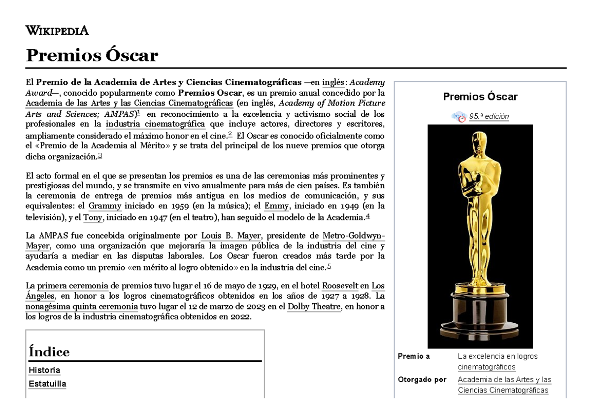 Premios Óscar - Wikipedia, la enciclopedia libre - Premios Óscar 95.ª ...