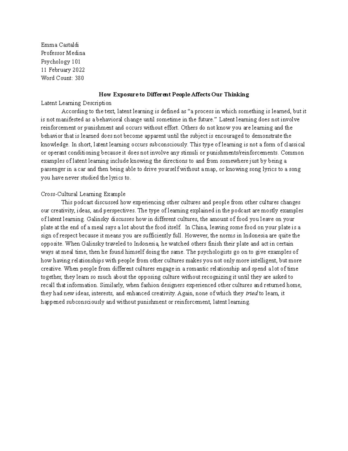 Podcast Reflection #2 - Emma Castaldi Professor Medina Psychology 101 ...