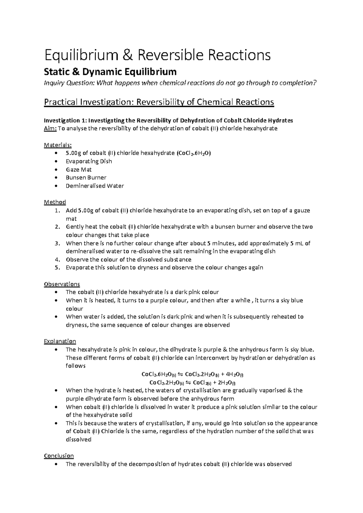 Chemistry-Notes HSC Jrahs - Equilibrium & Reversible Reactions Static ...